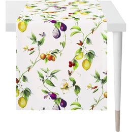 Tischläufer Apelt "6851 SUMMERTIME, Sommerdeko, Sommer", bunt (weiß, bunt), B:48cm L:140cm, Baumwolle, Polyester, Tischdecken, mit Blüten und Früchten, Digitaldruck