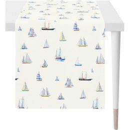 Tischläufer Apelt "3911 OUTDOOR, Sommerdeko, Sommer", bunt (weiß, blau, bunt), B:48cm L:140cm, Polyacryl, Tischdecken, mit Schiff-Motiv im Digitaldruck
