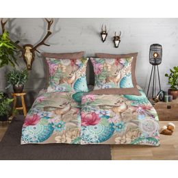 Wendebettwäsche HIP "Hebe", bunt (multi), B/L: 135cm x 200cm, 1 Stk., 1 Stk., Biber, B/L: 80cm x 80cm, 2 Stk., Biber, Obermaterial: 100% Baumwolle, Bettwäsche, Biber, 135x200, Warm, Weich, Wendeoptik, Reißverschluss, Reh, Sand