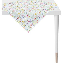 Mitteldecke Apelt "6815 SPRINGTIME, Frühjahrsdeko, Frühling", bunt (hellblau, bunt), B:88cm L:88cm, Baumwolle, Polyester, Tischdecken, Digitaldruck, mit Frühjahrsblüten, wie auf einer Streublumenwiese