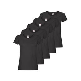 Rundhalsshirt Fruit of the Loom, Damen, Gr. L, schwarz, Jersey, Obermaterial: 100% Baumwolle, unifarben, figurbetont hüftbedeckend, Rundhals, abgesteppte Kante, Shirts, original T. LADY-FIT im 5er Pack