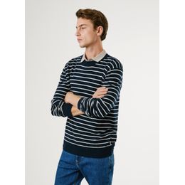 Rundhalspullover Pepe Jeans "ANDRE STRIPES", Herren, Gr. XL, dulwich blau, Strick, Obermaterial: 94% Baumwolle, 3% Kaschmir, 3% Wolle, gestreift, regular fit, Rundhals, Rippstrickbündchen, Pullover, mit Kaschmir-Anteil, gestreift