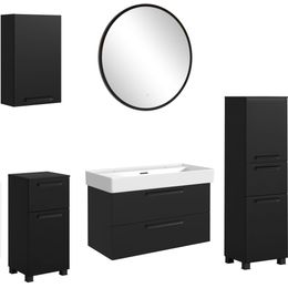 Badmöbel-Set Welltime "SALVADA, 5tlg-Set, gedämpfte Scharniere, Softclose, Keramikbecken", schwarz, B:180cm H:200cm T:47,5cm, MDF, Kastenmöbel-Sets, Schwarz, Keramikbecken 1 od. 2 Armaturlochbohrungen