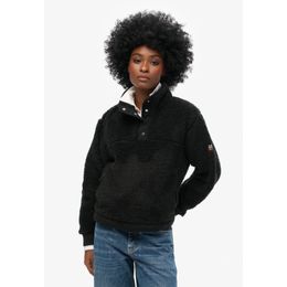 Fleecepullover Superdry "SUPER SOFT HENLEY", Damen, Gr. L, schwarz, Sweatware, Obermaterial: 100% Polyester, unifarben, oversize normal, Rippbündchen, Sweatshirts