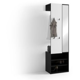 Kompaktgarderobe ByLiving "Dielen - Set Andorra", schwarz, weiß, B:55cm H:187,5cm T:40,5cm, FSC-zertifizierter Holzwerkstoff, Glas, Kunststoff, Metall, Schränke, maximale Ordnung auf wenig Fläche mit Spiegel, Kleiderstange und Haken