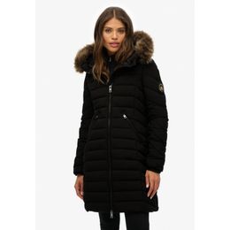 Steppjacke Superdry "FUJI FAUX FUR HOOD MID LENGTH", Damen, Gr. L, schwarz, Web, Obermaterial: 100% Polyester, unifarben, slim fit, Jacken