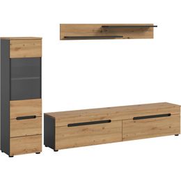 Wohnwand Inosign "REHAT, TOPSELLER, 3-teilig, wahlweise stehend und hängend montierbar", basalt grau, artisan nb, B:221cm H:141cm T:33cm, Spanplatte, Kastenmöbel-Sets, Kombination, Anbauwand, Set, Wohn-Set, Wohnzimmer-Set, Schrankwand