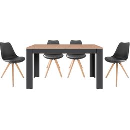 Essgruppe ByLiving "Kira", artisan eiche, schwarz, schwarz, eichefarbig, B:140cm H:75cm T:80cm, FSC-zertifizierter Holzwerkstoff, Kunststoff, Metall, Sitzmöbel-Sets, modernes Set mit 4 Stühlen in mehreren Farben und Größen erhältlich
