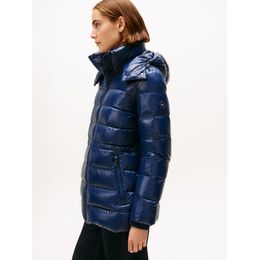 Steppmantel Tommy Hilfiger "GLOSS HW DOWN WAIST REG COAT", Damen, Gr. L (40), blau (schwarz night navy), Steppware, Obermaterial: 100% Nylon, unifarben, hüftbedeckend, Mäntel, in leicht glänzender Optik