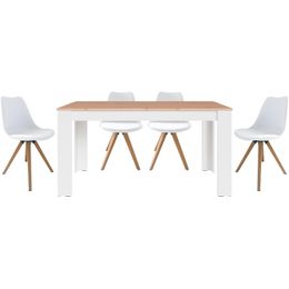 Essgruppe ByLiving "Kira", artisan eiche, weiß, weiß, eichefarbig, B:160cm H:75cm T:90cm, FSC-zertifizierter Holzwerkstoff, Kunststoff, Metall, Sitzmöbel-Sets, modernes Set mit 4 Stühlen in mehreren Farben und Größen erhältlich