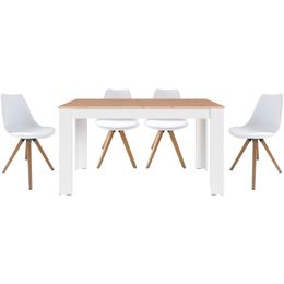 Essgruppe ByLiving "Kira", artisan eiche, weiß, weiß, eichefarbig, B:140cm H:75cm T:80cm, FSC-zertifizierter Holzwerkstoff, Kunststoff, Metall, Sitzmöbel-Sets, modernes Set mit 4 Stühlen in mehreren Farben und Größen erhältlich