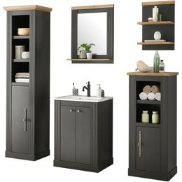 Badmöbel-Set Home Affaire "WESTMINSTER, Bad im Landhausstil, 5-teiliges Badezimmer", grau (grau dunkel), B:200cm H:203cm T:46cm, Kastenmöbel-Sets, Waschtisch, Spiegel, Midischrank, Regal, Hochschrank, Breite 200 cm
