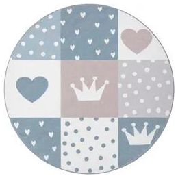 Kinderteppich Paco Home "Eliz 391", beige, B:160cm H:12mm L:160cm Ø:160cm, Polyester, Teppiche, Kurzflor, Spielteppich, Patchwork-Muster, Motiv Krone, Herz & Punkte