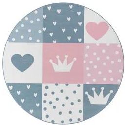 Kinderteppich Paco Home "Eliz 391", pink, B:160cm H:12mm L:160cm Ø:160cm, Polyester, Teppiche, Kurzflor, Spielteppich, Patchwork-Muster, Motiv Krone, Herz & Punkte