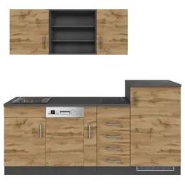 Küche KOCHSTATION "KS-Mali", braun (küche: natur, front: wotaneiche, korpus: grau, arbeitsplatte: anthrazit), B:210cm H:200cm T:60cm, Komplettküchen-Sets, Breite 210 cm, mit E-Geräten