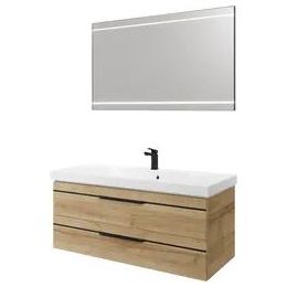 Badmöbel-Set SAPHIR "Balto 2-teilig Mineralmarmor-Waschtisch mit LED-Spiegel, 123 cm breit", braun (riviera eiche quer nachbildung mit schwarzer einlage), B:123cm H:200cm T:50,8cm, Spanplatte, Kastenmöbel-Sets, Waschplatz mit 2 Schubladen, Badschrank inkl. Schubladendämpfer