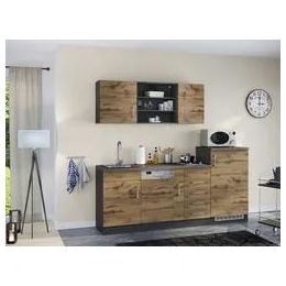 Küche KOCHSTATION "KS-Mali", braun (küche: natur, front: wotaneiche, korpus: grau, arbeitsplatte: anthrazit), B:210cm H:200cm T:60cm, Komplettküchen-Sets, Breite 210 cm, mit E-Geräten