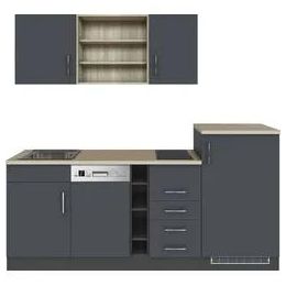 Küche KOCHSTATION "KS-Mali", grau (küche: grau, front: anthrazit, korpus: grau, arbeitsplatte: eiche sonoma), B:210cm H:200cm T:60cm, Komplettküchen-Sets, Breite 210 cm, mit E-Geräten