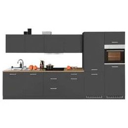 Küchenzeile KOCHSTATION "KS-Kehl", grau (küche: grau, korpus: grafit, arbeitsplatte: wotaneichefarben), B/H/T: 360cm x 60cm,mit Cerankochfeld (SCHOTT), Komplettküchen-Sets, mit E-Geräten, Breite 360 cm, inkl. Kühl/Gefrierkombination