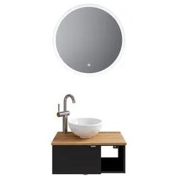 Badmöbel-Set SAPHIR "Serie 6915", schwarz (schwarz matt select, halifax eiche), B:70cm H:200cm T:35cm, Kastenmöbel-Sets, Gäste-Bad, 70 cm breit, mit LED-Spiegel, offenem Fach und 1 Tür