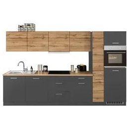 Küchenzeile KOCHSTATION "KS-Kehl", küche: grau, korpus: grafit, arbeitsplatte: wotaneichefarben, B:330cm T:60cm, Komplettküchen-Sets, mit E-Geräten, Breite 330 cm, inkl. Kühlschrank und Geschirrspüler