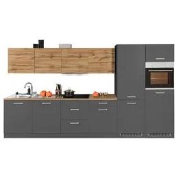 Küchenzeile KOCHSTATION "KS-Kehl", küche: grau, korpus: grafit, arbeitsplatte: wotaneichefarben, B/H/T: 360cm x 60cm,mit Cerankochfeld (SCHOTT), Komplettküchen-Sets, mit E-Geräten, Breite 360 cm, inkl. Kühl/Gefrierkombination