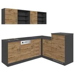 Küche KOCHSTATION "KS-Mali", braun (küche: natur, front: wotaneiche, korpus: grau, arbeitsplatte: anthrazit), B:210cm H:200cm T:60cm, Komplettküchen-Sets, Stellbreite 210/170 cm, mit E-Geräten