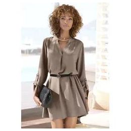 Longbluse Lascana, Damen, Gr. 34, grau (taupe), Crêpe, Obermaterial: 100% Polyester, unifarben, figurumspielend kniefrei, tiefer V-Ausschnitt, mit Riegel, Blusen, aus gekreppter Ware, lockeres Blusenkleid