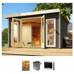 Saunahaus Konifera "Maiko 3 SET B", grau (terragrau), Saunaofen, externe Steuerung, 9 kW, Saunen, terragrau, mit Ofen 9 kW ext. Steuerung