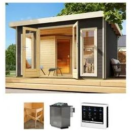 Saunahaus Konifera "Maiko 3 SET B", grau (terragrau), Bio-Ofen, externe Steuerung, 9 kW, Saunen, terragrau, mit Ofen 9 kW Bio ext. Steuerung