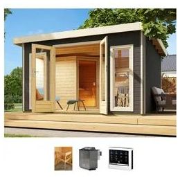Saunahaus Konifera "Maiko 3 SET A", grau (terragrau), Bio-Ofen, externe Steuerung, 9 kW, Saunen, terragrau, mit Ofen 9 kW Bio ext. Steuerung