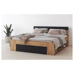 Bettgestell Home Affaire "Faweza, Breite 160 bzw. 180 cm, Stauraumbett", beige (eiche mauvella, schwarz, eiche mauvella, schwarz), B:186cm H:90cm L:205cm, Betten, Funktionsbett Schublade mit extra viel Stauraum