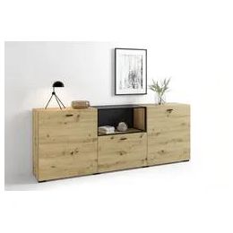Sideboard ByLiving "Frame", artisan eiche, B:200cm H:75,5cm T:37,5cm, FSC-zertifizierter Holzwerkstoff, Glas, Kunststoff, Metall, Sideboards, moderne Kommode mit Metalleinsatz und Glasplatte, 200cm breit.