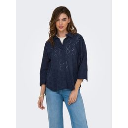 Jacqueline de Yong Hemdbluse JDY "JDYTALLIE 3/4 LONG SHIRT WVN NOOS", Damen, Gr. S, schwarz (schwarz iris), Spitze, Obermaterial: 100% Baumwolle, unifarben, regular fit Po-bedeckend, angesetztes Bündchen, Blusen, mit Lochstickerei-Detail