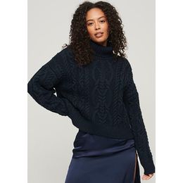 Strickpullover Superdry "VINTAGE HIGH NECK CABLE KNIT", Damen, Gr. S, blau (eclipse navy), Strick, Obermaterial: 75% Polyacryl, 15% Polyamid, 10% Wolle, unifarben, Pullover