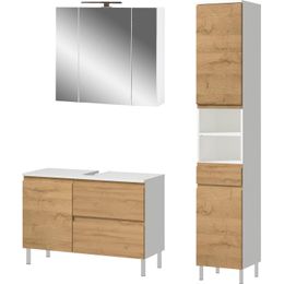 Badmöbel-Set Germania "Torrance", weiß (weiß, grandson, eiche, nachbildung), B:129cm H:190cm T:34cm, Kastenmöbel-Sets, Waschbecken-Unterschrank, Spiegelschrank mit Beleuchtung, Hochschrank