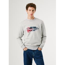 Sweatshirt Pepe Jeans "TREY CREW", Herren, Gr. L, grau (light grau marl), Sweatware, Obermaterial: 70% Baumwolle, 30% Polyester, bedruckt, regular fit, Rundhals, Rippbündchen, Sweatshirts, Regular Fit mit Rundhals
