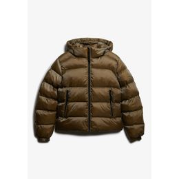 Steppjacke Superdry "HOODED LUXE SPORTS PUFFER", Damen, Gr. M, khaki sheen, Web, Obermaterial: 60% Polyester, 40% Nylon, unifarben, slim fit, Jacken