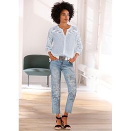 Spitzenbluse Heine, Damen, Gr. 34, blau (hellblau), 100% Baumwolle, unifarben, V-Ausschnitt, Blusen