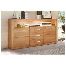 Sideboard OTTO HOME "Ribe,130cm breit,80cm hoch,Oberplatte Holz massiv,6 F&auml;cher", beige (kernbuche teilmassiv), B:130cm H:80cm T:35cm, FSC-zertifizierter Holzwerkstoff, Holz teilmassiv, Sideboards, Sideboard, Holz massiv, Holzwerkstoff, Metall Griffe,2 T&uuml;ren,3 Schubladen