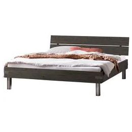 Bettgestell Hasena "Duno", grau (grau, grau, silbern, grau), B:106cm H:82cm L:216cm, Betten, Akazie massiv, mit Massivholzkopfteil, zwei verschiedene Liegehöhen