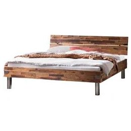 Bettgestell Hasena "Duno", braun (braun, silbern, braun), B:126cm H:82cm L:216cm, Betten, Akazie massiv, mit Massivholzkopfteil, zwei verschiedene Liegehöhen