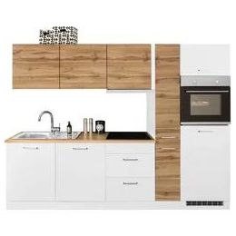 Küchenzeile KOCHSTATION "KS-Kehl", weiß (küche: weiß, korpus: weiß, arbeitsplatte: wotaneichefarben), B:270cm T:60cm, Komplettküchen-Sets, mit E-Geräten, Breite 270 cm, inkl. Kühlschrank und Geschirrspüler