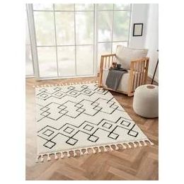 Hochflor-Teppich "Moroccan Mural", schwarz-weiß (weiß, schwarz), B:140cm H:24mm L:200cm, Polyester, Polypropylen (PP), MyFlair MÖBEL & ACCESSOIRES, Teppiche, Fransenteppich, modern, marokkanisches Design, flauschig weich, mit Fransen