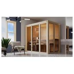 Sauna Karibu "Ivana 3", beige (naturbelassen), Saunaofen, integrierte Steuerung, 3,6 kW, Saunen, Ganzglasfront