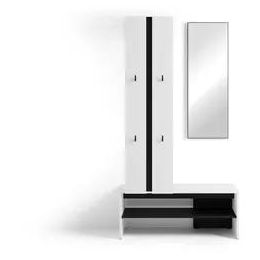 Kompaktgarderobe ByLiving "Dielen - Set Nante", weiß, schwarz, B:100cm H:186cm T:40cm, FSC-zertifizierter Holzwerkstoff, Glas, Kunststoff, Metall, Schränke, maximale Ordnung auf wenig Fläche mit Spiegel, Kleiderstange und Haken