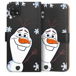 DeinDesign Galaxy A22 5G Handy Klapph&uuml;lle Handyh&uuml;lle aus Kunst Leder schwarz Flip Case Frozen Olaf Disney Frozen 2 Sideflip mit langer Lasche