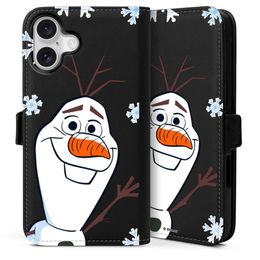 DeinDesign iPhone 16 Plus Handy Klapph&uuml;lle Handyh&uuml;lle aus Kunst Leder schwarz Flip Case Disney Frozen 2 Frozen Olaf Sideflip mit Lasche