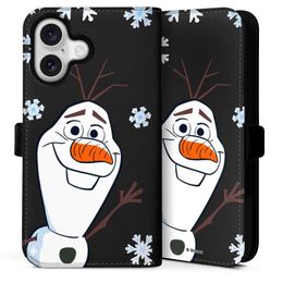 DeinDesign iPhone 16 Handy Klapph&uuml;lle Handyh&uuml;lle aus Kunst Leder schwarz Flip Case Disney Frozen 2 Frozen Olaf Sideflip mit Lasche