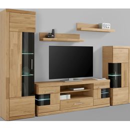 Wohnwand Home Affaire "Ribe Wohnwand Set-5 St.", braun (eiche teilmassiv), B:260cm H:180cm T:35cm, Holz teilmassiv, Kastenmöbel-Sets, Glaseinsatz aus gehärtetem Glas,Böden teilweise versetzbar